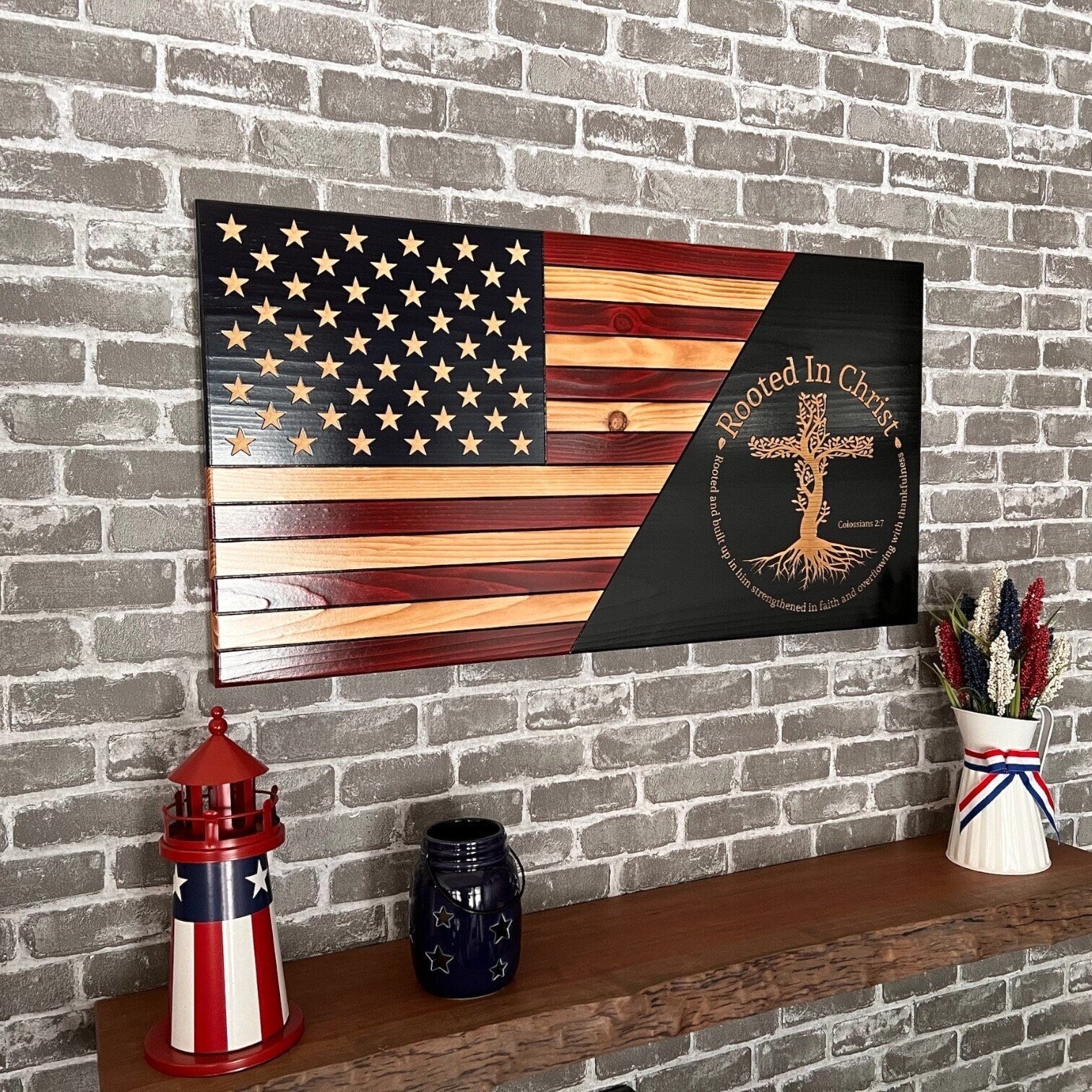 Rooted in Christ, Colossians 2:7, Tree of Life Wooden American Flag
